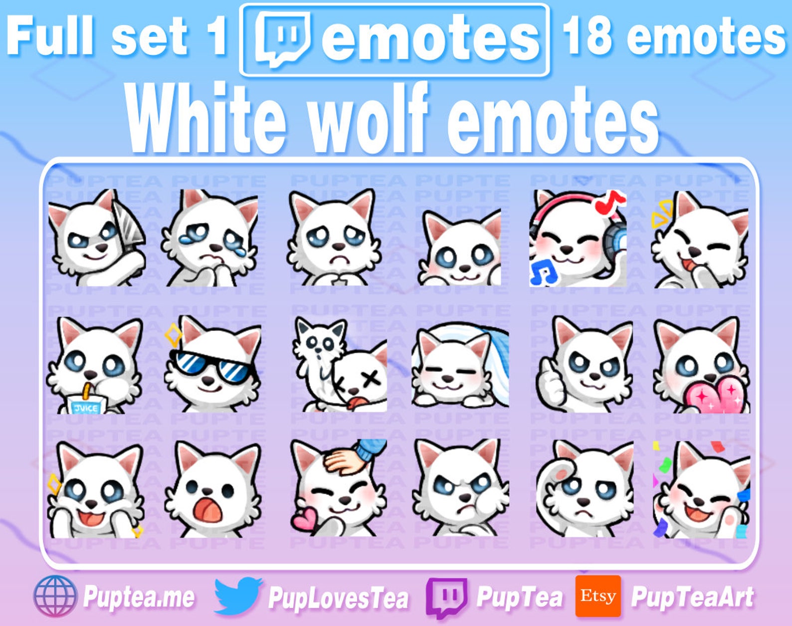 18x Cute White Wolf Emotes Pack for Twitch Youtube and Discord | Full ...
