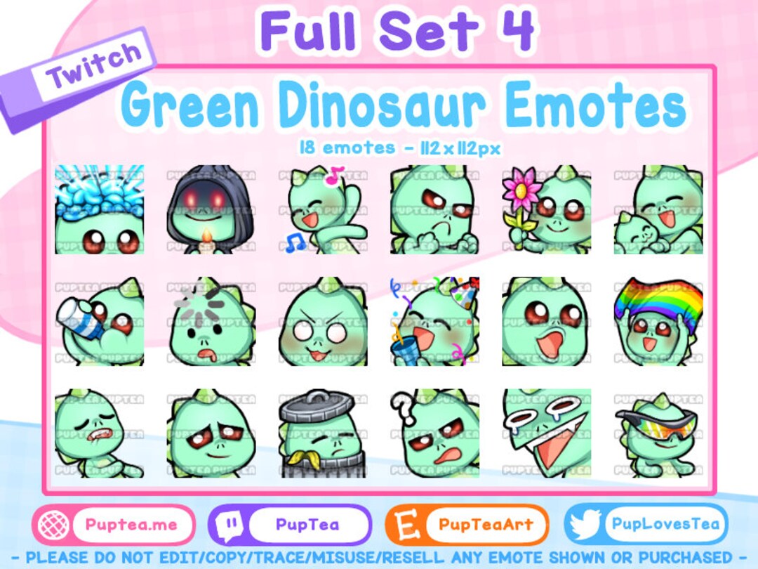 18x Cute Green Dinosaur Emotes Pack for Twitch Youtube and Discord ...