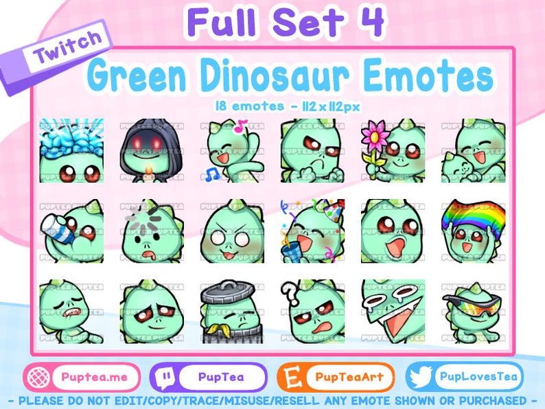 18x Cute Green Dinosaur Emotes Pack for Twitch Youtube and Discord Full ...