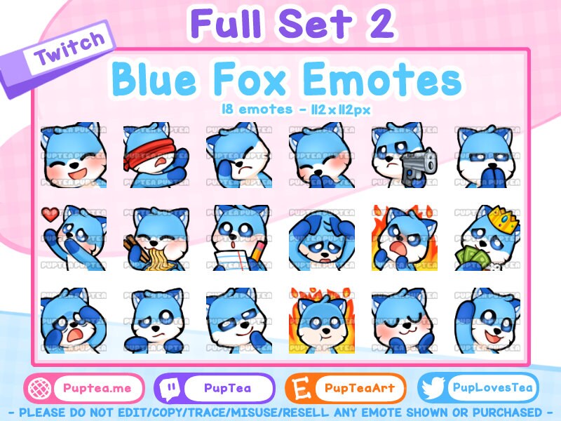 18x Cute Blue Fox Emotes Pack for Twitch Youtube and Discord Full Set 2 ...