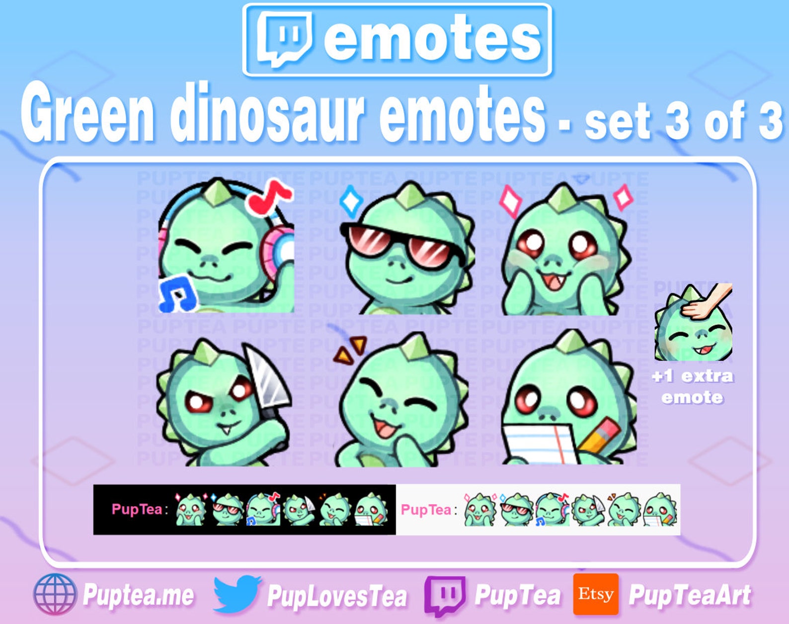 7x Cute Green Dinosaur Emotes Pack for Twitch Youtube and Discord Set 3 ...