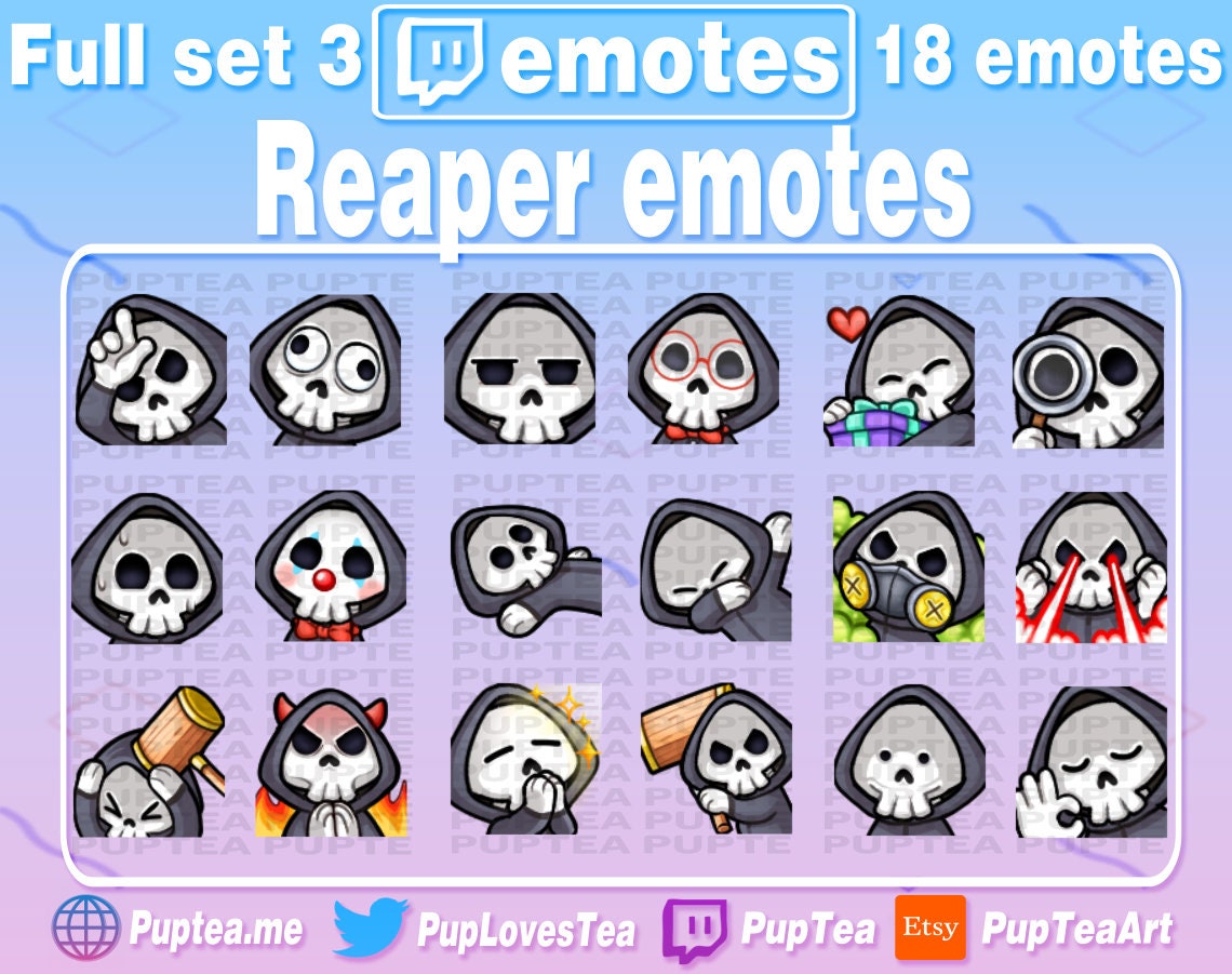 18x Cute Skeleton Grim Reaper Emotes Pack for Twitch Youtube and ...