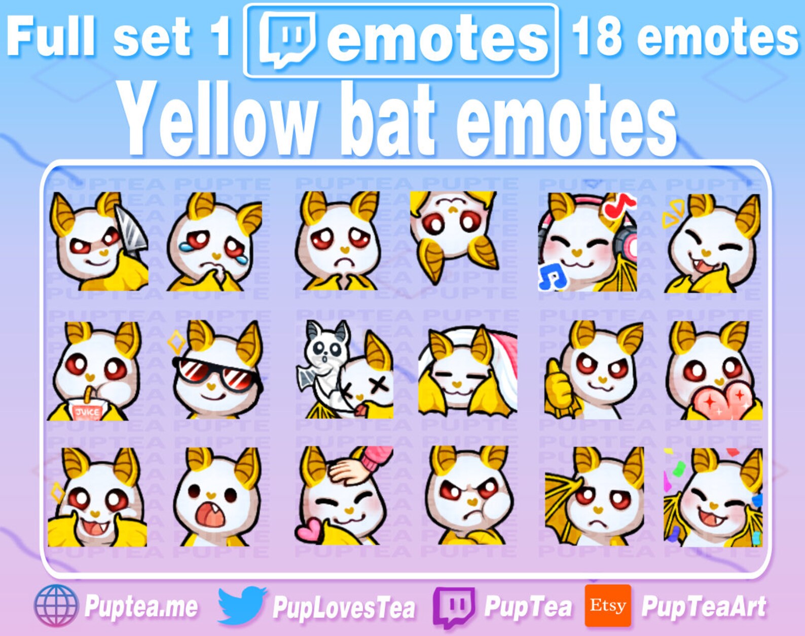 18x Cute Yellow Bat Emotes Pack for Twitch Youtube and Discord Full Set ...
