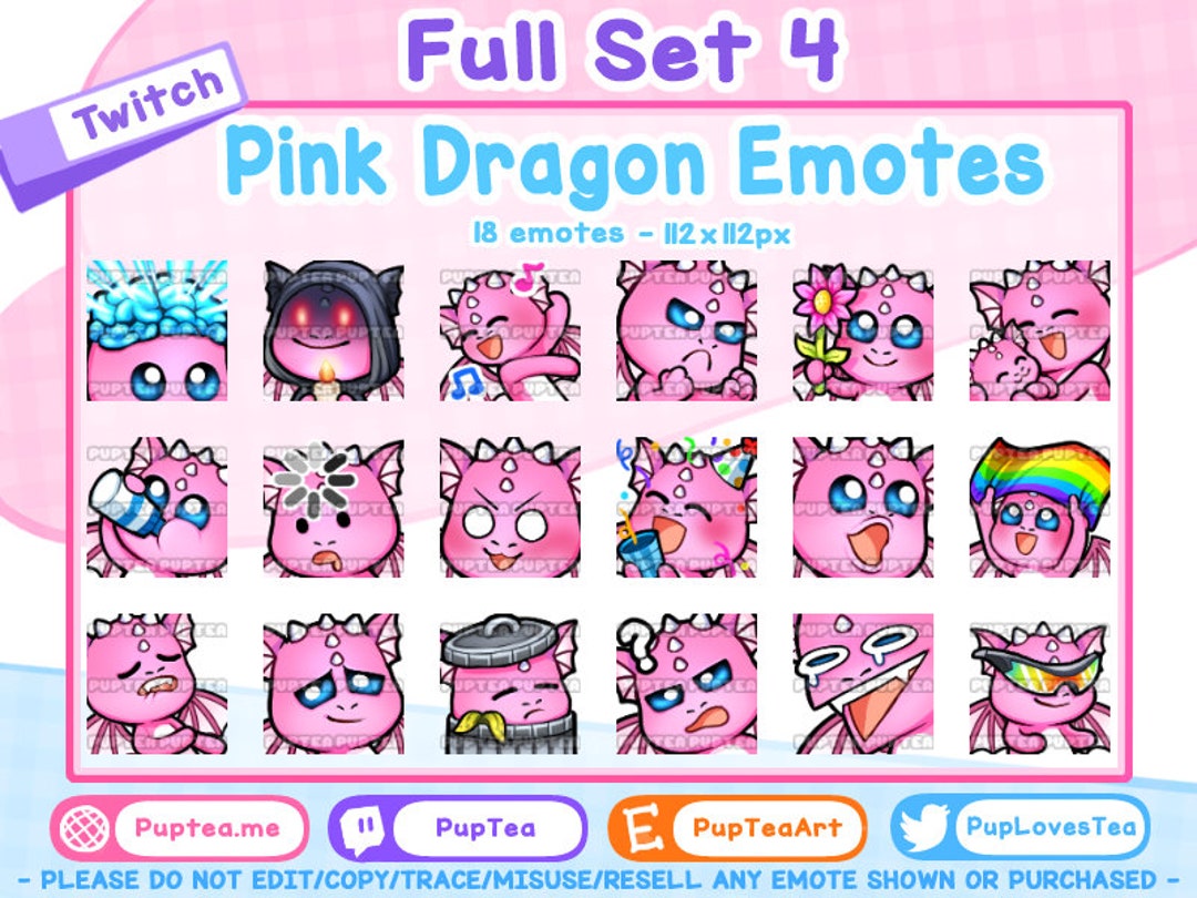 18x Cute Pink Dragon Emotes Pack for Twitch Youtube and Discord Full ...