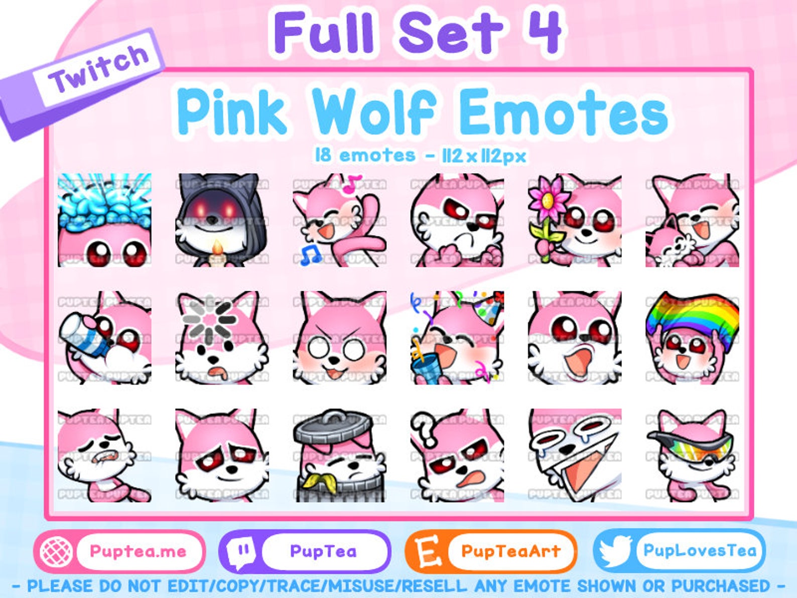 18x Cute Pink Wolf Emotes Pack for Twitch Youtube and Discord Full Set ...