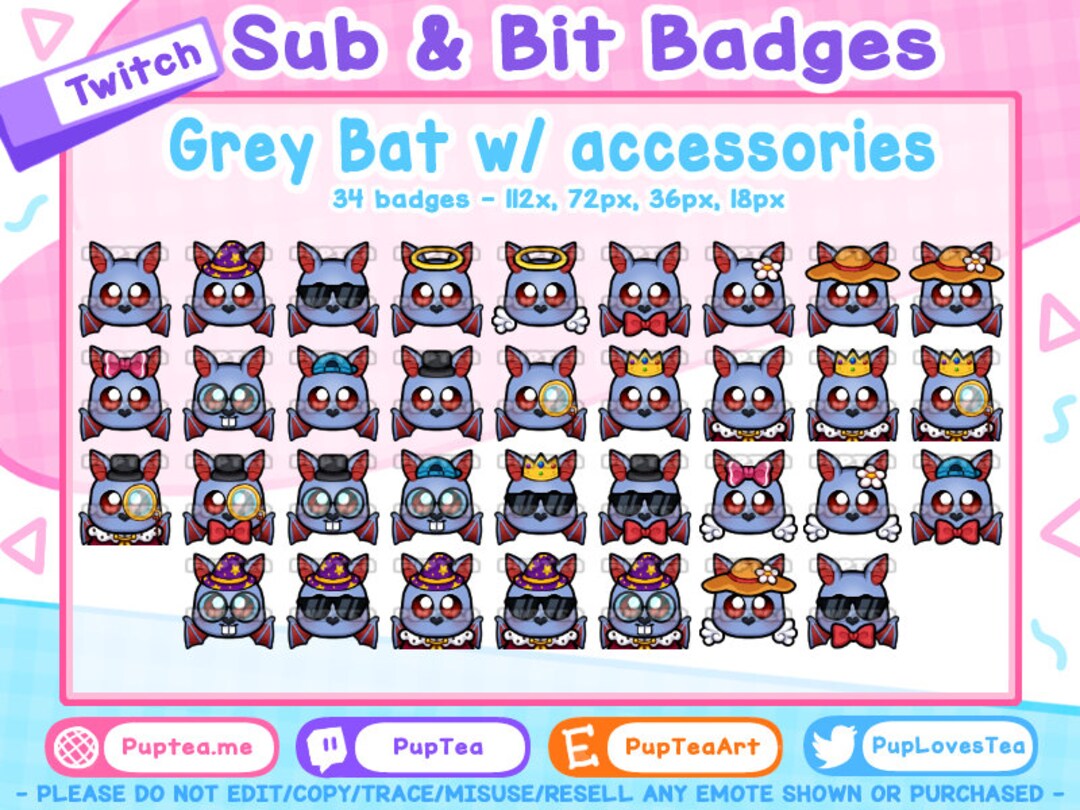 34x Cute Grey Bat Twitch Sub Badges / Cheer Bit Badges | Accessory Set ...