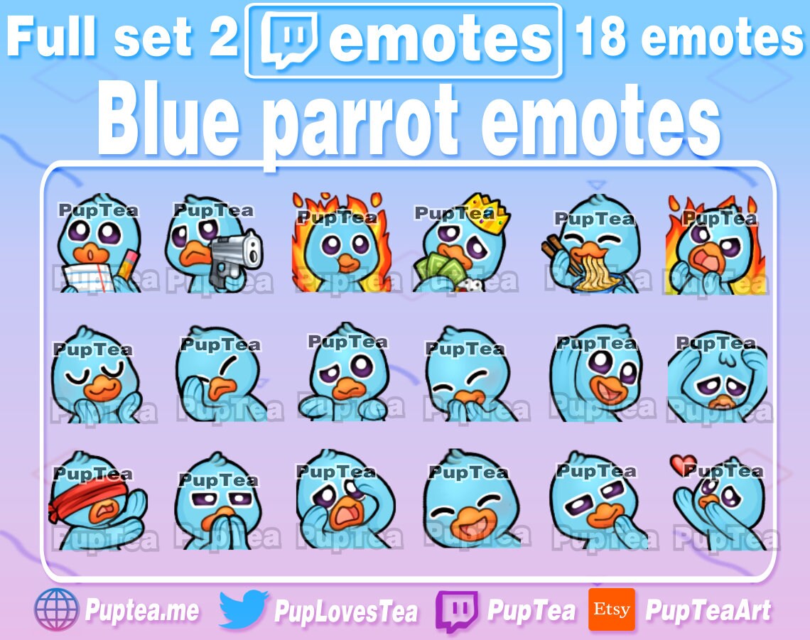 18x Cute Blue Parrot Emotes Pack for Twitch Youtube and Discord Full ...