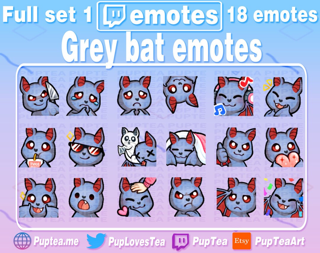 18x Cute Grey Bat Emotes Pack for Twitch Youtube and Discord Full Set 1 ...