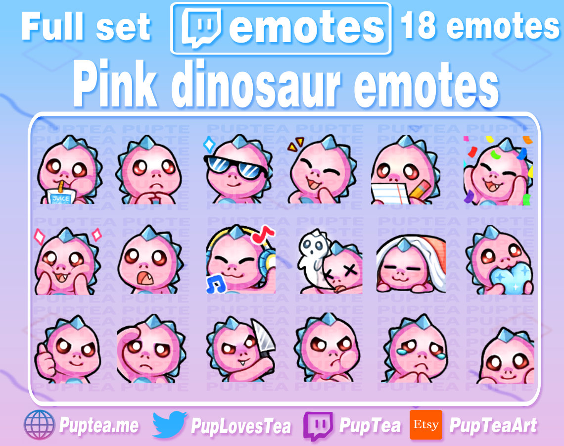 18x Cute Pink Dinosaur Emotes Pack for Twitch Youtube and Discord Full ...