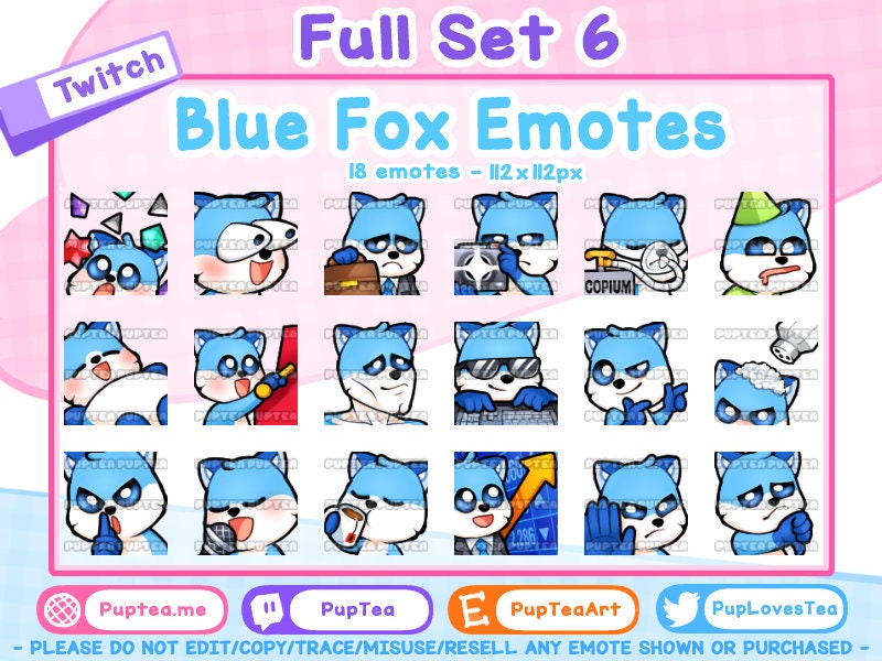 18x Cute Blue Fox Emotes Pack for Twitch Youtube and Discord Full Set 6 ...