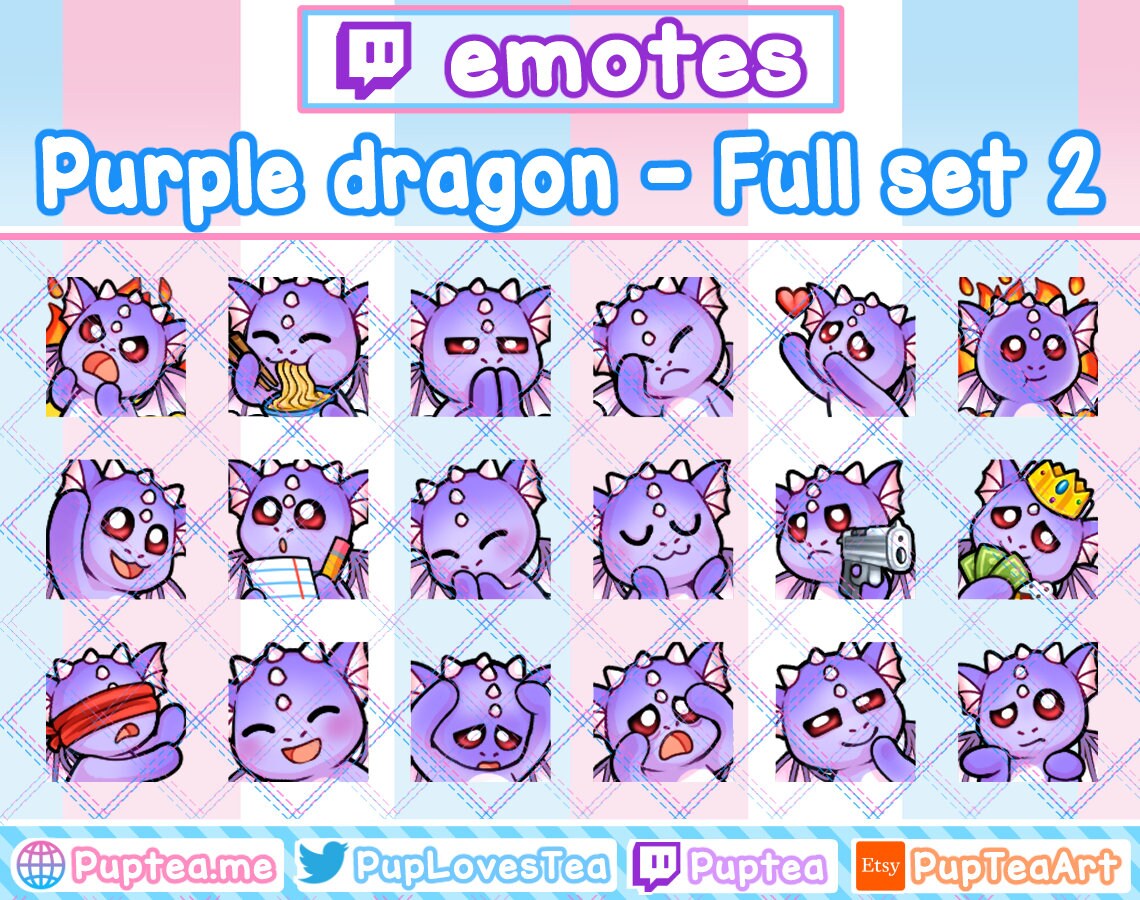 18x Cute Purple Dragon Emotes Pack for Twitch Youtube and Discord Full ...