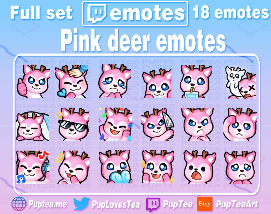 18x Cute Pink Deer Emotes Pack for Twitch Youtube and Discord Full Set ...