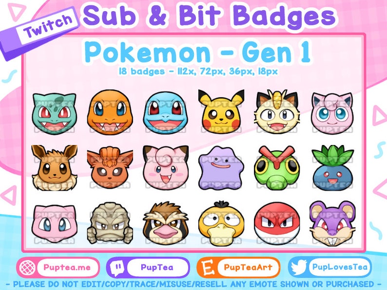 18x Cute Pokemon Twitch Sub Badges / Cheer Bit Badges | Gen 1 - Etsy