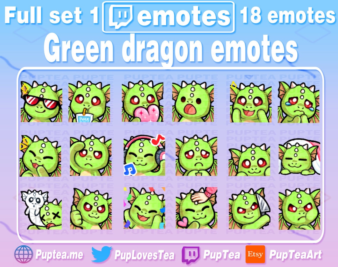 18x Cute Green Dragon Emotes Pack for Twitch Youtube and Discord | Full ...