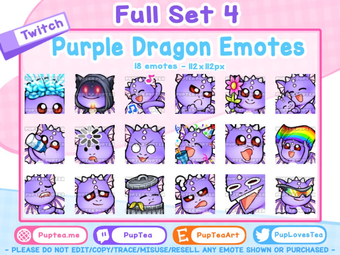 18x Cute Purple Dragon Emotes Pack for Twitch Youtube and Discord ...