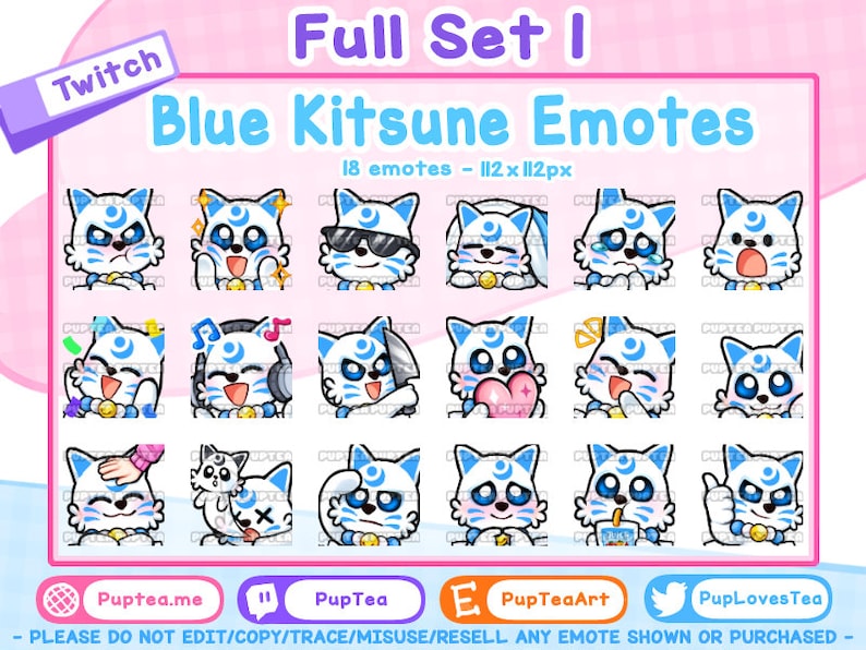 18x Cute Blue Kitsune Emotes Pack for Twitch Youtube and Discord | Full ...
