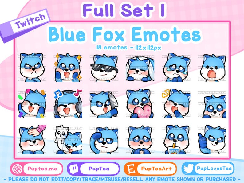18x Cute Blue Fox Emotes Pack for Twitch Youtube and Discord Full Set 1 ...