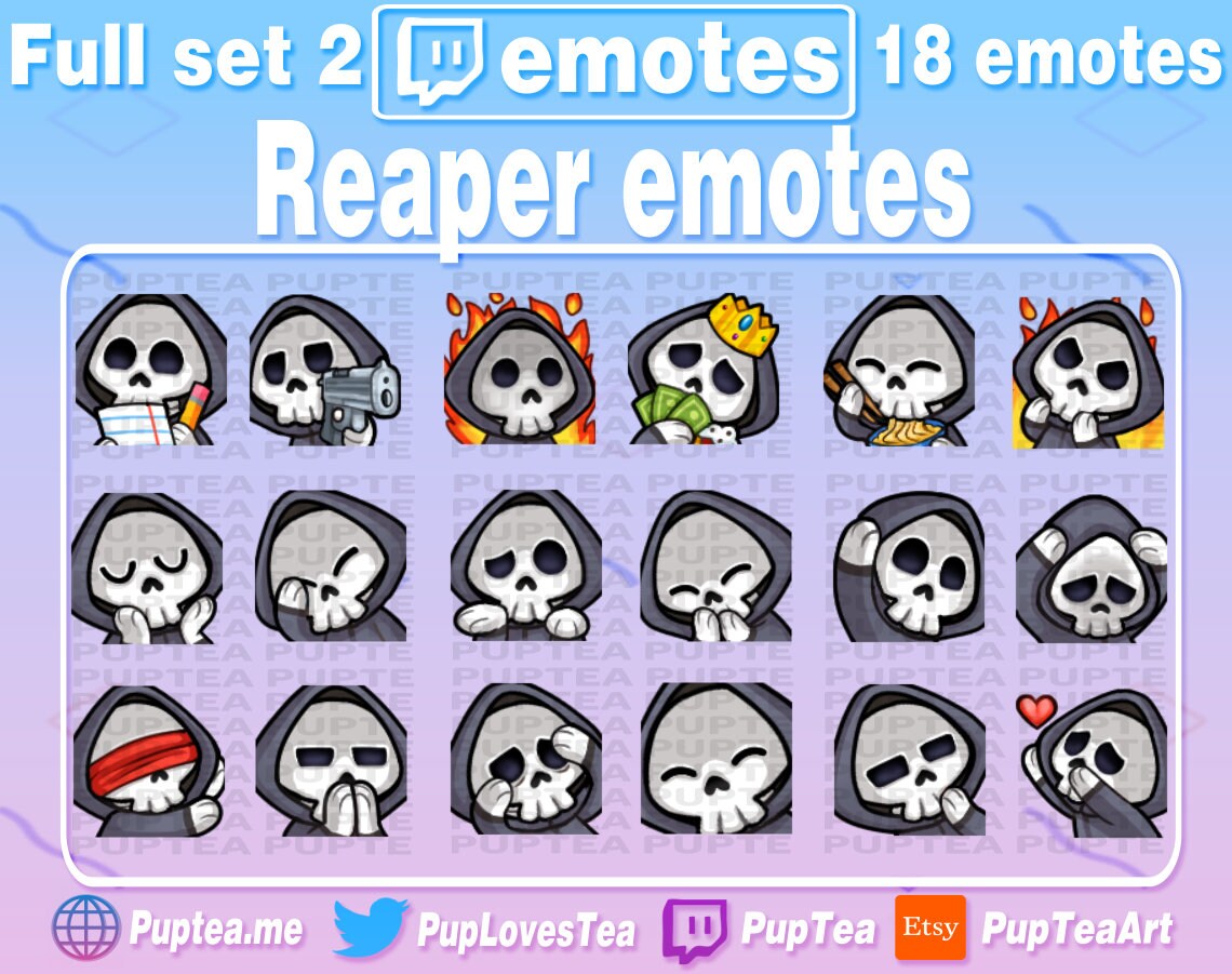 18x Cute Skeleton Grim Reaper Emotes Pack for Twitch Youtube and ...
