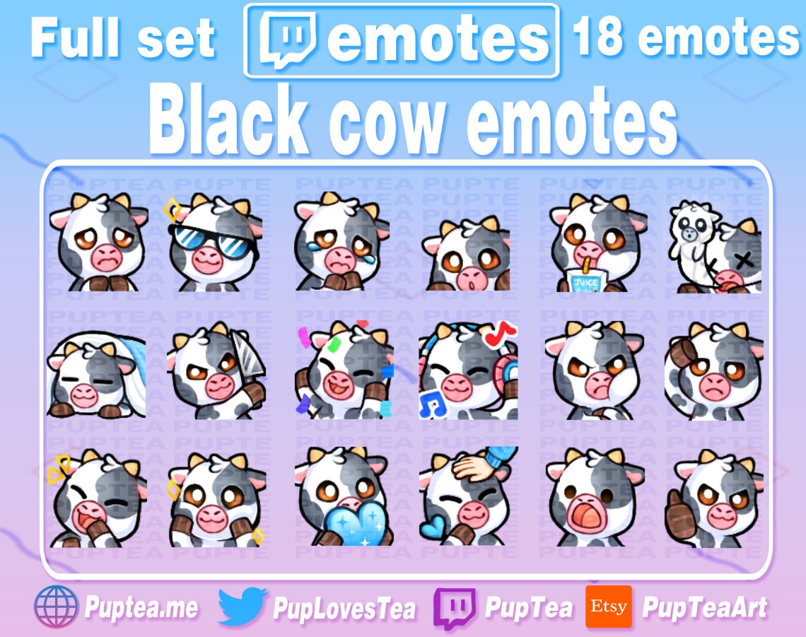 18x Cute Black Cow Emotes Pack for Twitch Youtube and Discord | Full ...