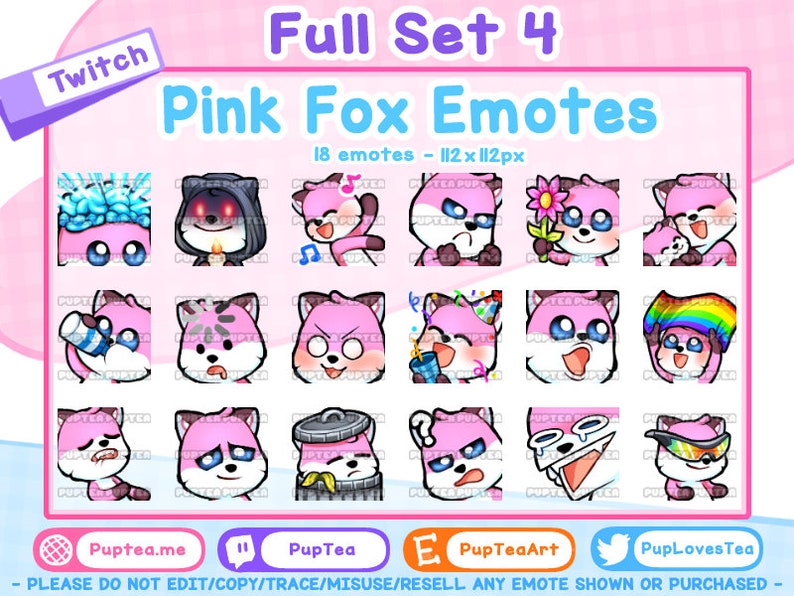 18x Cute Pink Fox Emotes Pack for Twitch Youtube and Discord Full Set 4 ...