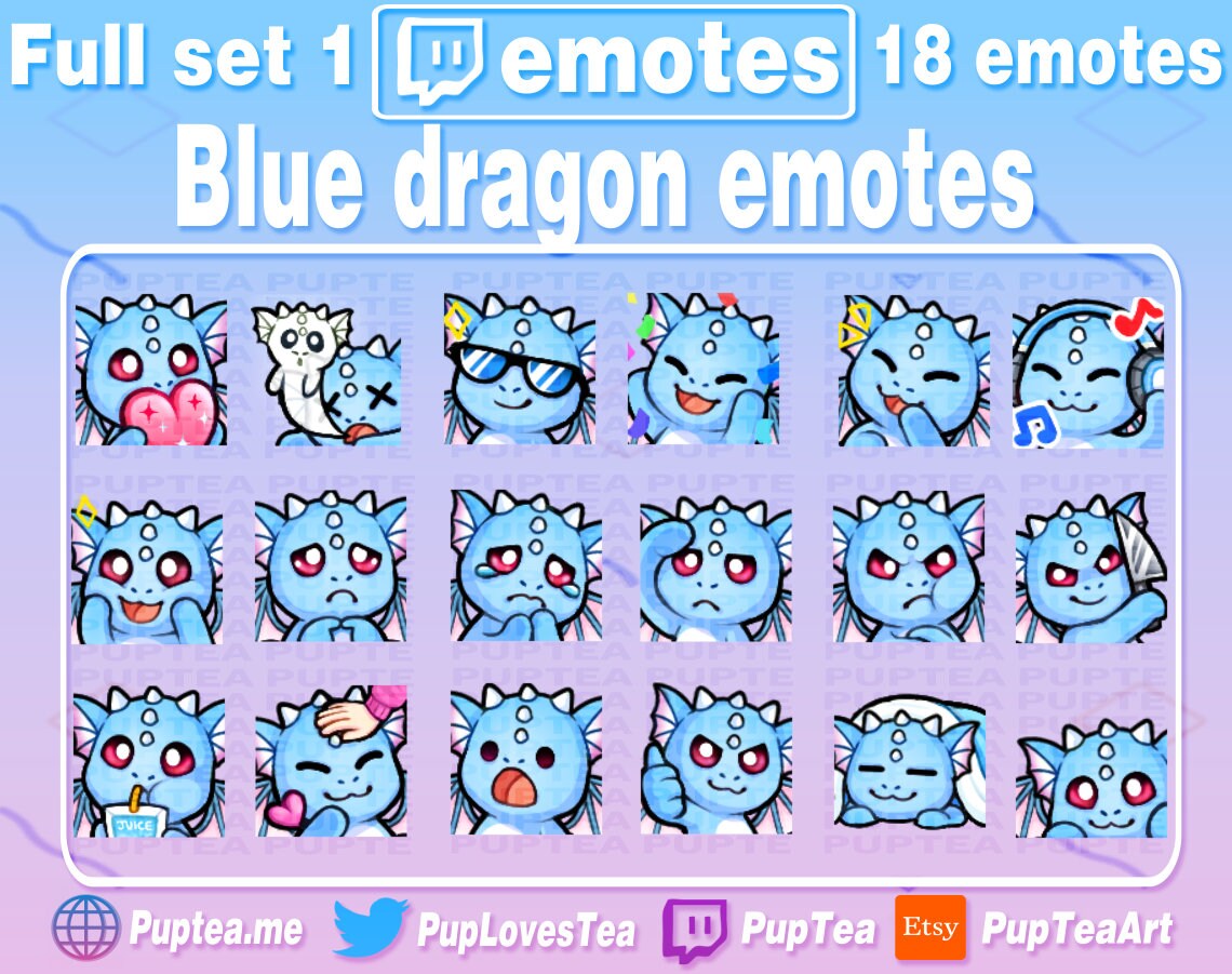 18x Cute Blue Dragon Emotes Pack for Twitch Youtube and Discord Full ...