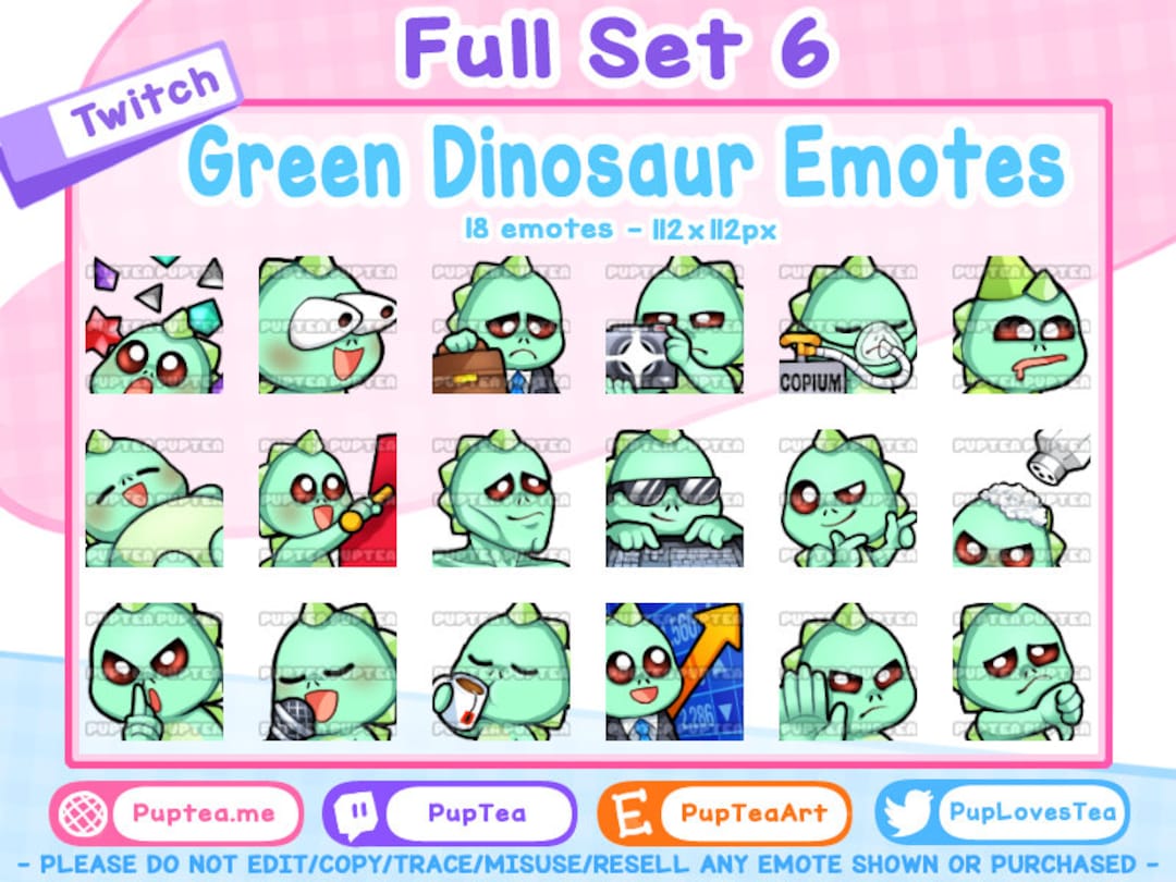 18x Cute Green Dinosaur Emotes Pack for Twitch Youtube and Discord ...
