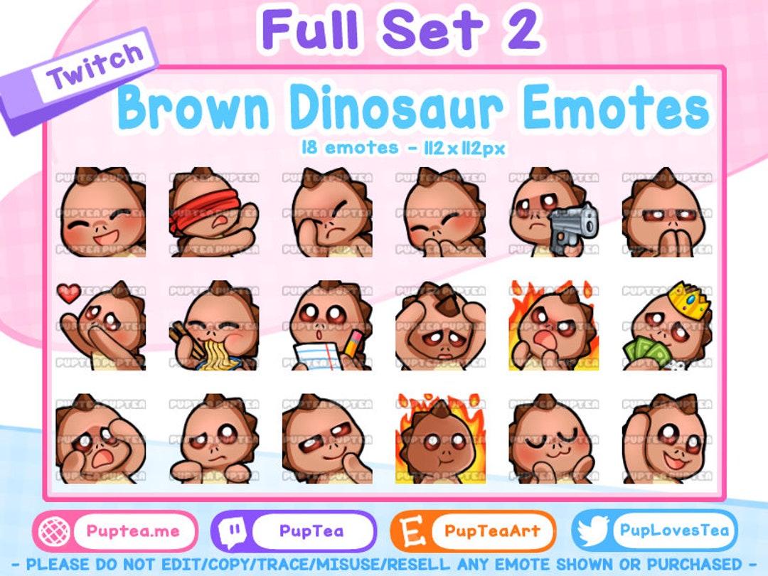 18x Cute Brown Dinosaur Emotes Pack for Twitch Youtube and Discord Full ...