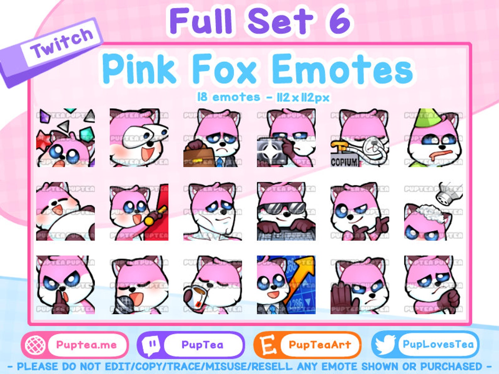 18x Cute Pink Fox Emotes Pack for Twitch Youtube and Discord Full Set 6 ...
