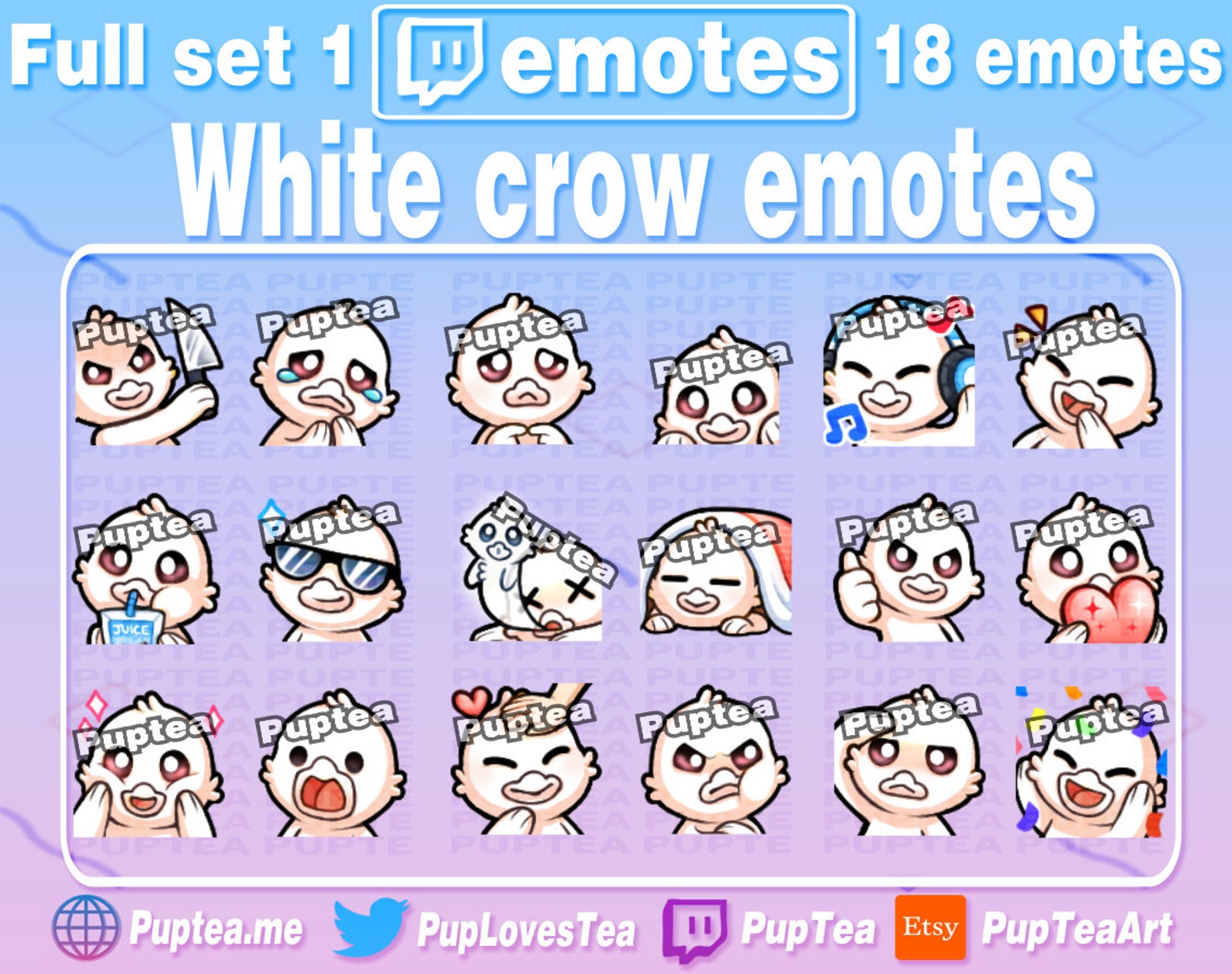 18x Cute White Crow Emotes Pack for Twitch Youtube and Discord Full Set ...