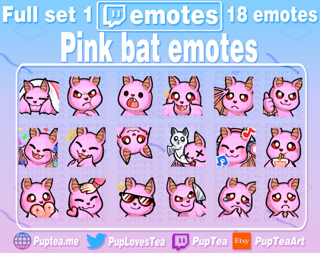 18x Cute Pink Bat Emotes Pack for Twitch Youtube and Discord Full Set 1 ...