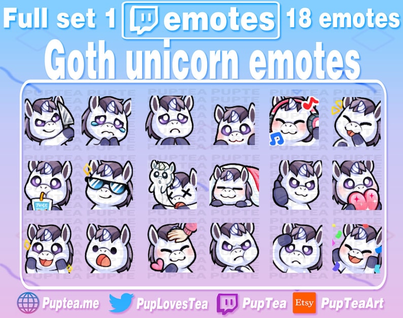 18x Cute Goth Unicorn Emotes Pack for Twitch Youtube and Discord | Full ...
