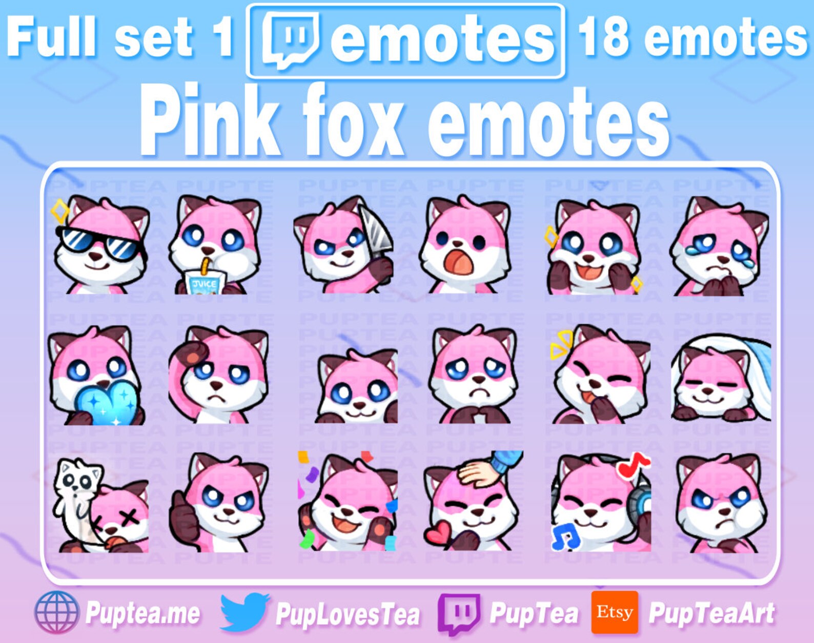 18x Cute Pink Fox Emotes Pack for Twitch Youtube and Discord Full Set 1 ...