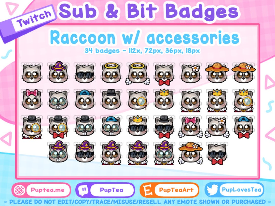 34x Cute Raccoon Twitch Sub Badges / Cheer Bit Badges | Accessory Set ...