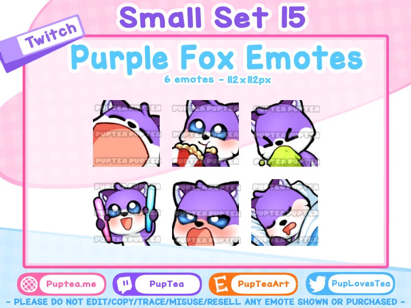 6x Cute Purple Fox Emotes Pack For Twitch Youtube And Discord Small Set