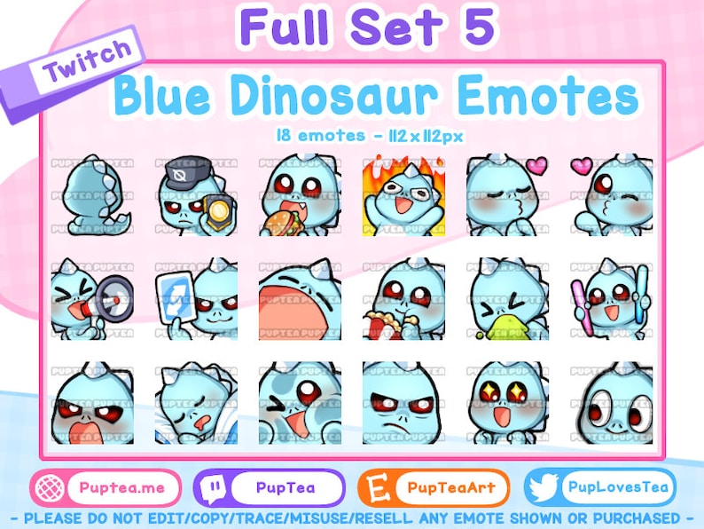 18x Cute Blue Dinosaur Emotes Pack for Twitch Youtube and Discord Full ...