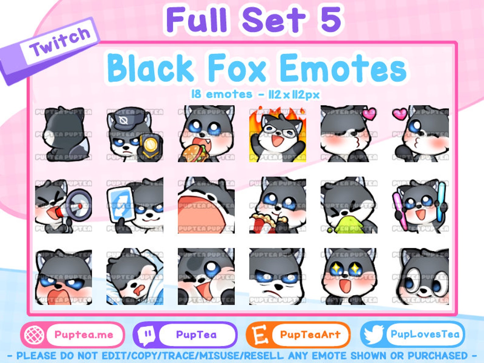 18x Cute Black Fox Emotes Pack for Twitch Youtube and Discord Full Set ...