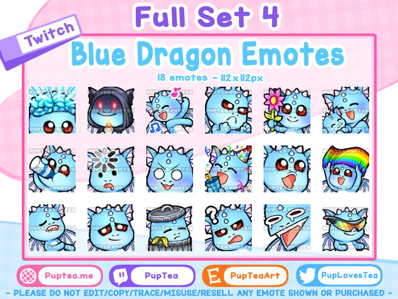 18x Cute Blue Dragon Emotes Pack for Twitch Youtube and Discord Full ...