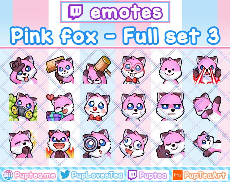 18x Cute Pink Fox Emotes Pack for Twitch Youtube and Discord Full Set 3 ...