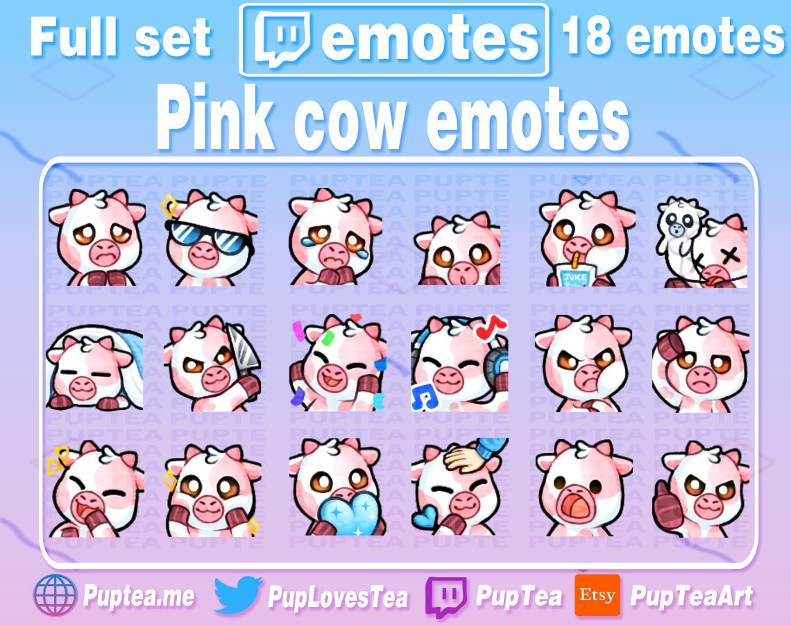 18x Cute Pink Cow Emotes Pack for Twitch Youtube and Discord | Full Set ...