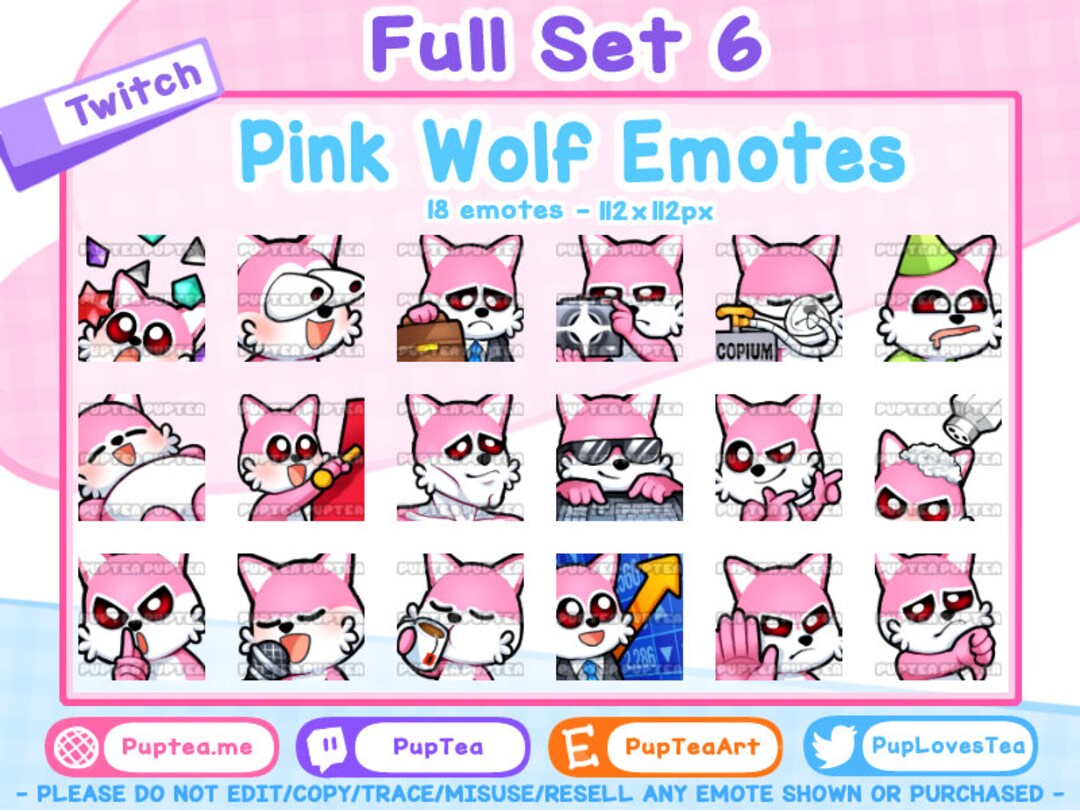 18x Cute Pink Wolf Emotes Pack for Twitch Youtube and Discord Full Set ...