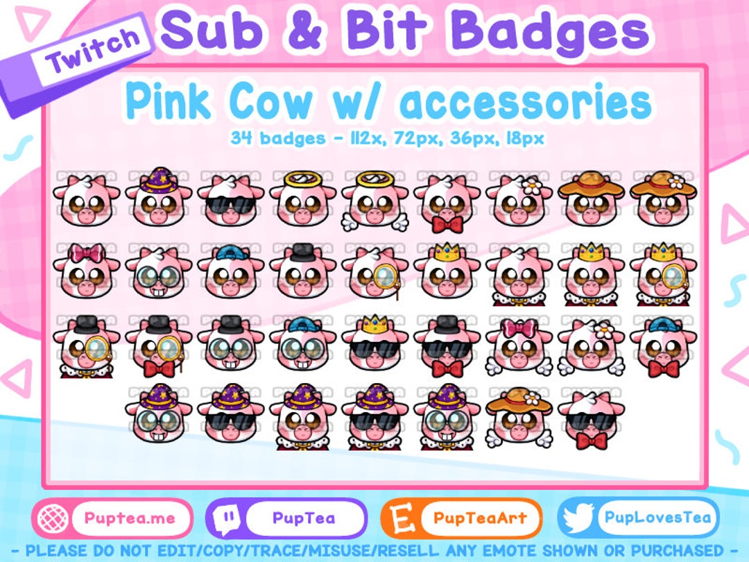 34x Cute Pink Cow Twitch Sub Badges / Cheer Bit Badges | Accessory Set ...