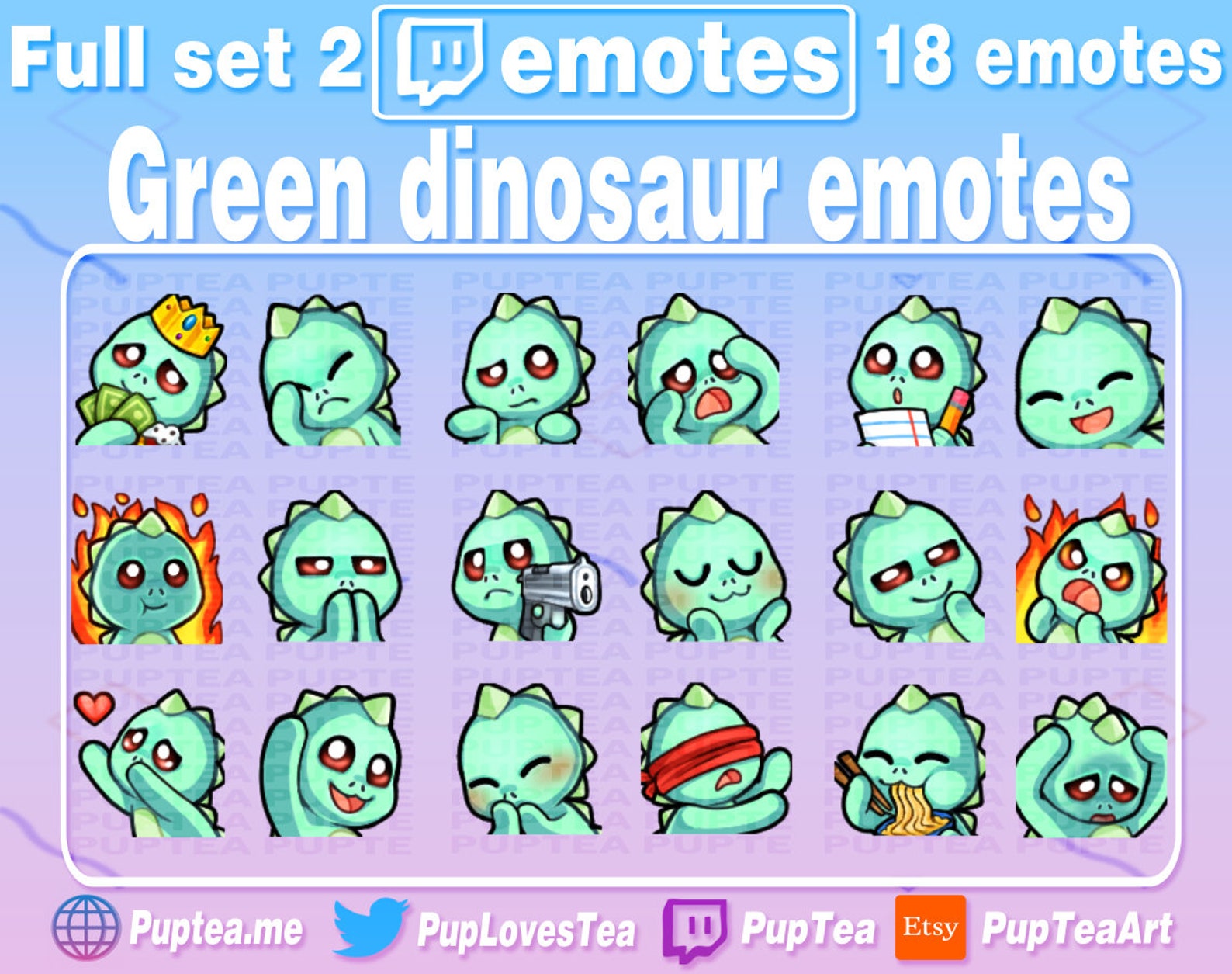 18x Cute Green Dinosaur Emotes Pack for Twitch and Discord - Etsy