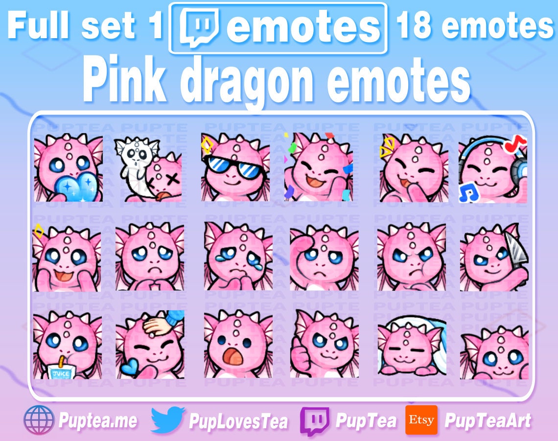 18x Cute Pink Dragon Emotes Pack for Twitch Youtube and Discord Full ...