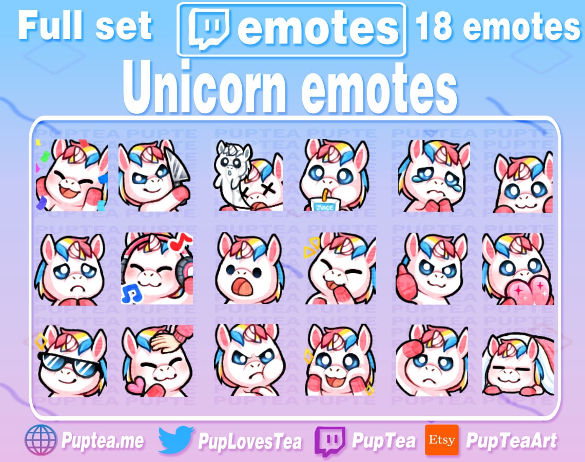 18x Cute Unicorn Emotes Pack for Twitch Youtube and Discord | Full Set ...