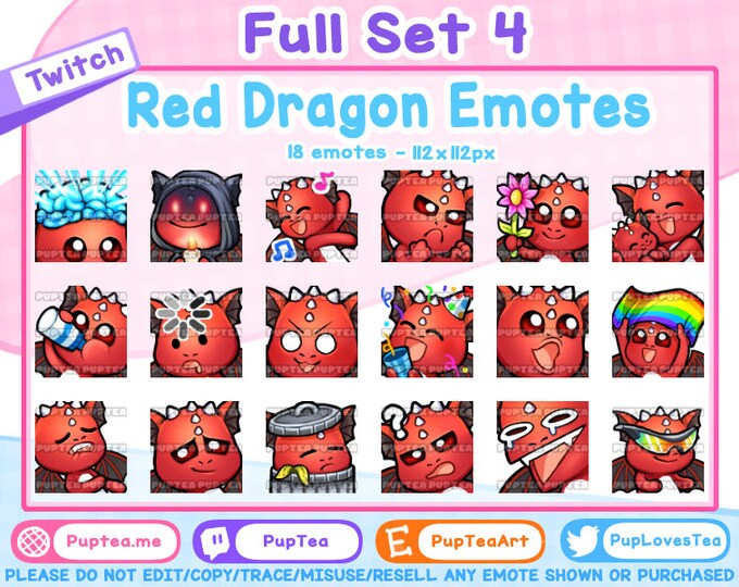 32 Cute Kawaii Red Dragon Twitch Discord Emotes / Kawai Animal Emoji ...