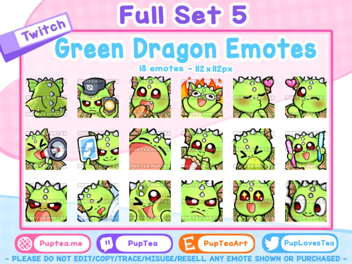 18x Cute Green Dragon Emotes Pack for Twitch Youtube and Discord | Full ...