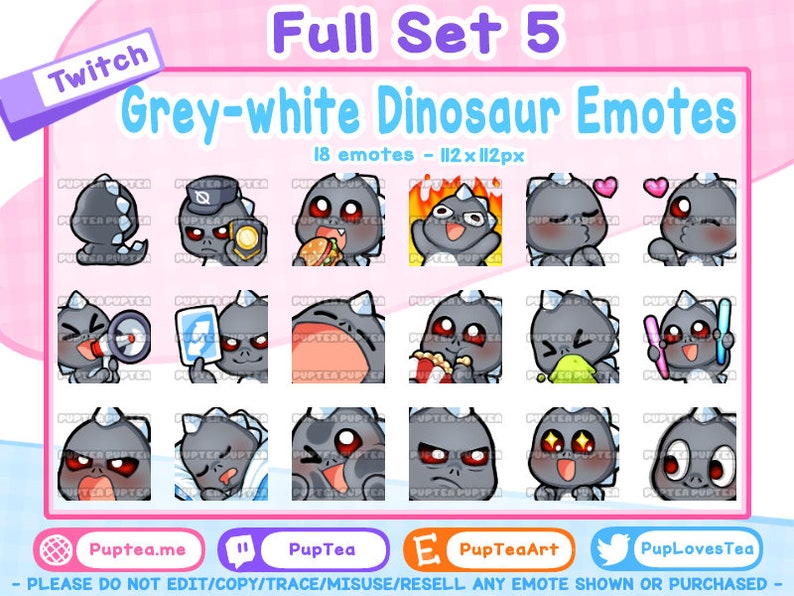18x Cute Grey-white Dinosaur Emotes Pack for Twitch Youtube and Discord ...