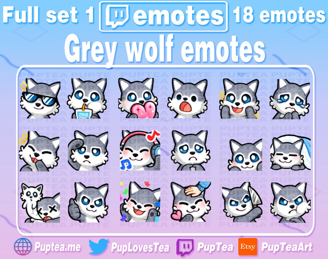 18x Cute Grey Wolf Emotes Pack for Twitch Youtube and Discord | Full ...