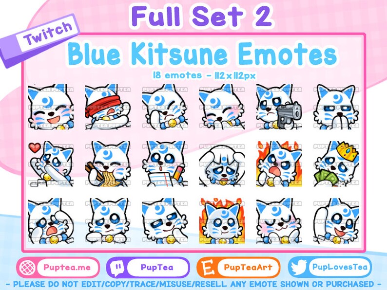 18x Cute Blue Kitsune Emotes Pack for Twitch Youtube and Discord Full ...