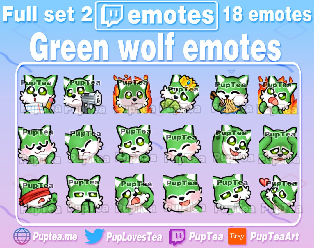 18x Cute Green Wolf Emotes Pack for Twitch Youtube and Discord | Full ...
